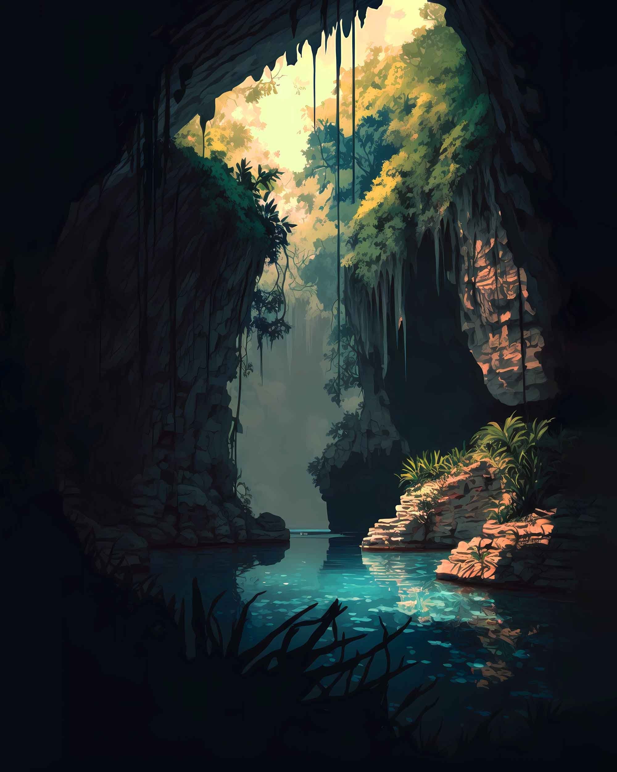 Cenotes Yucatan Peninsula Mexico Illustration Wall Art Mayan Ruins ...