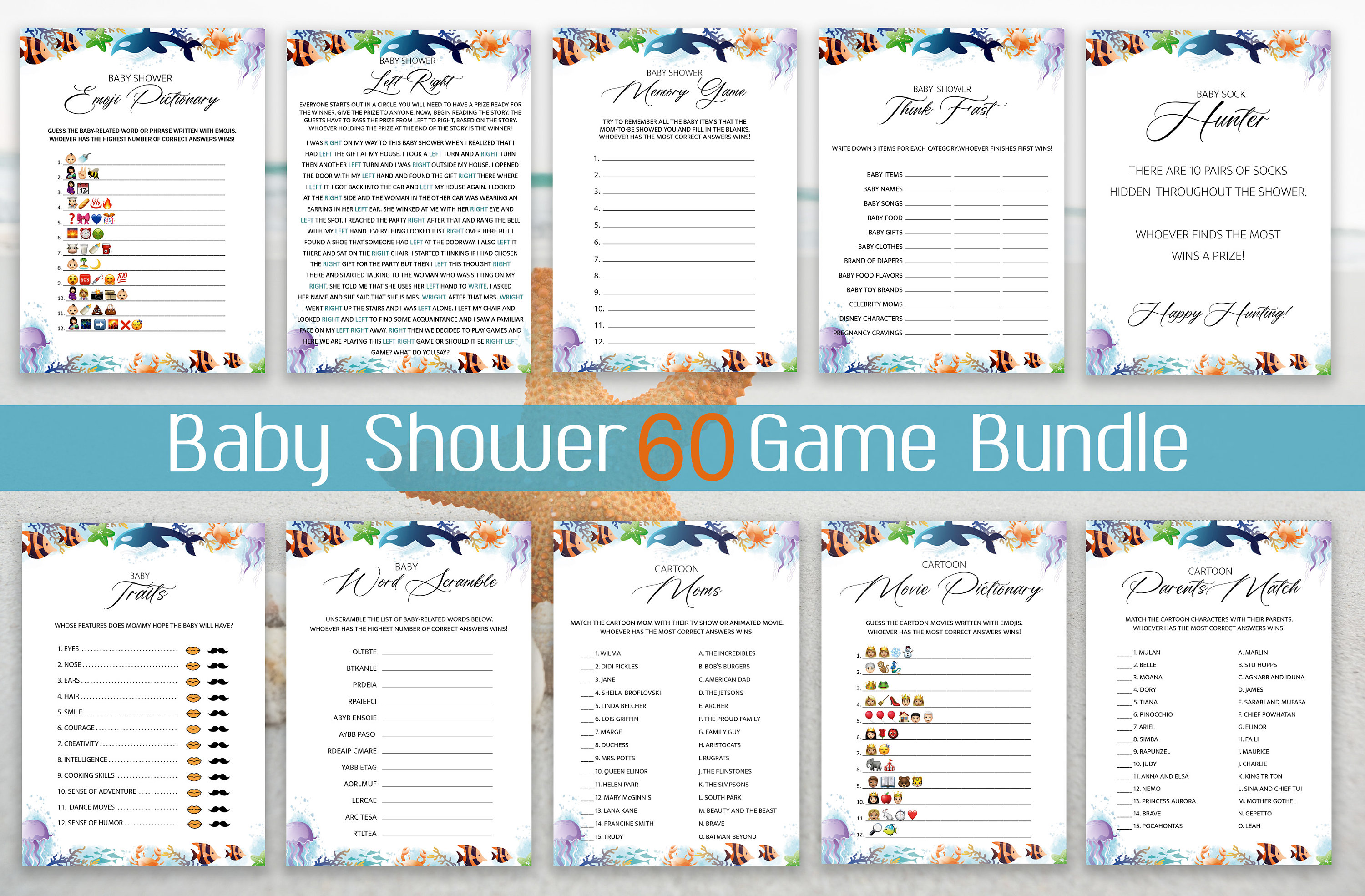Under the Sea Baby Shower Games, Ocean Baby Shower Games Bundle, Modern ...