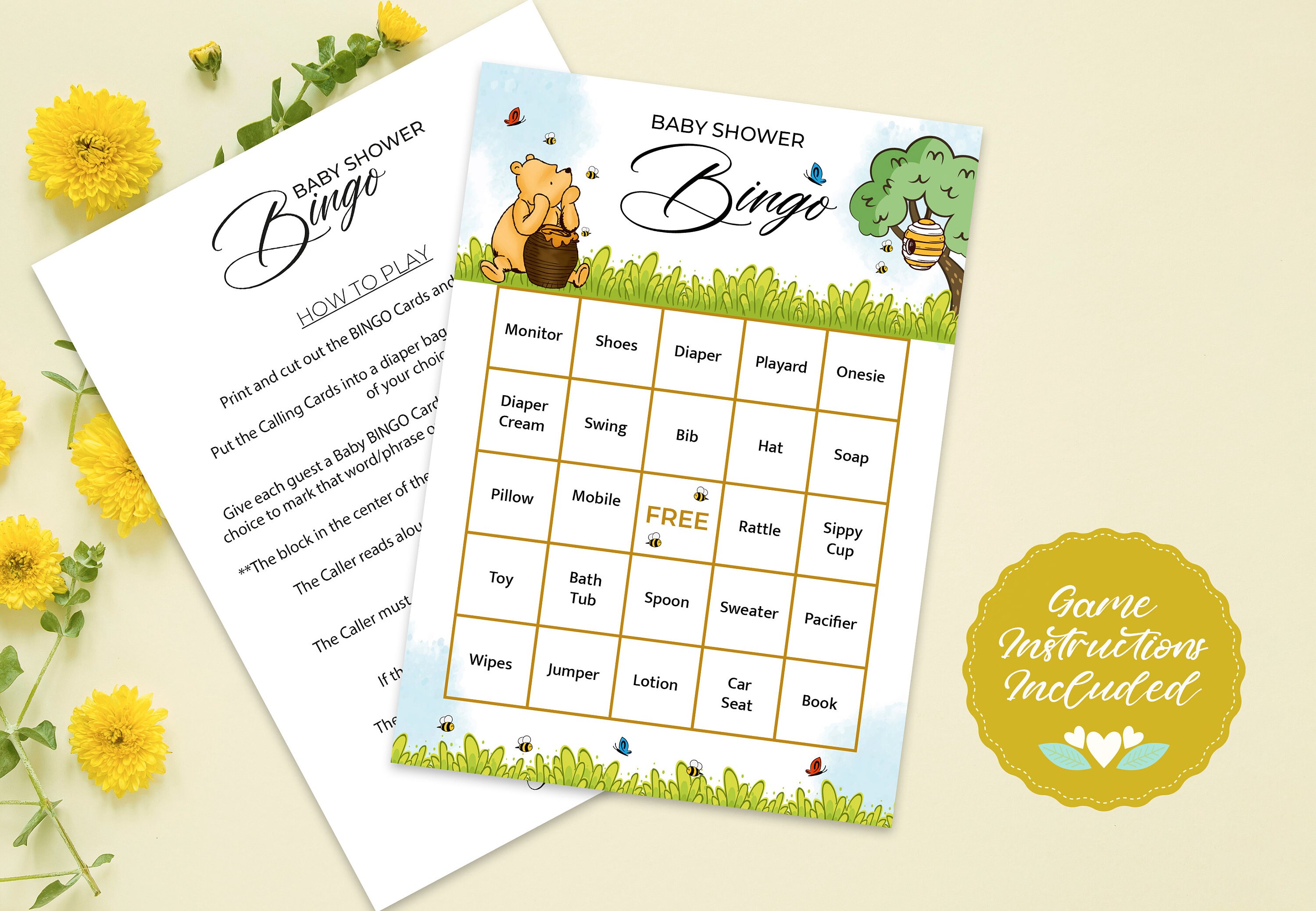 Baby Bingo Cards, Honey Loving Bear Baby Shower Bingo Set, 30 Pre ...