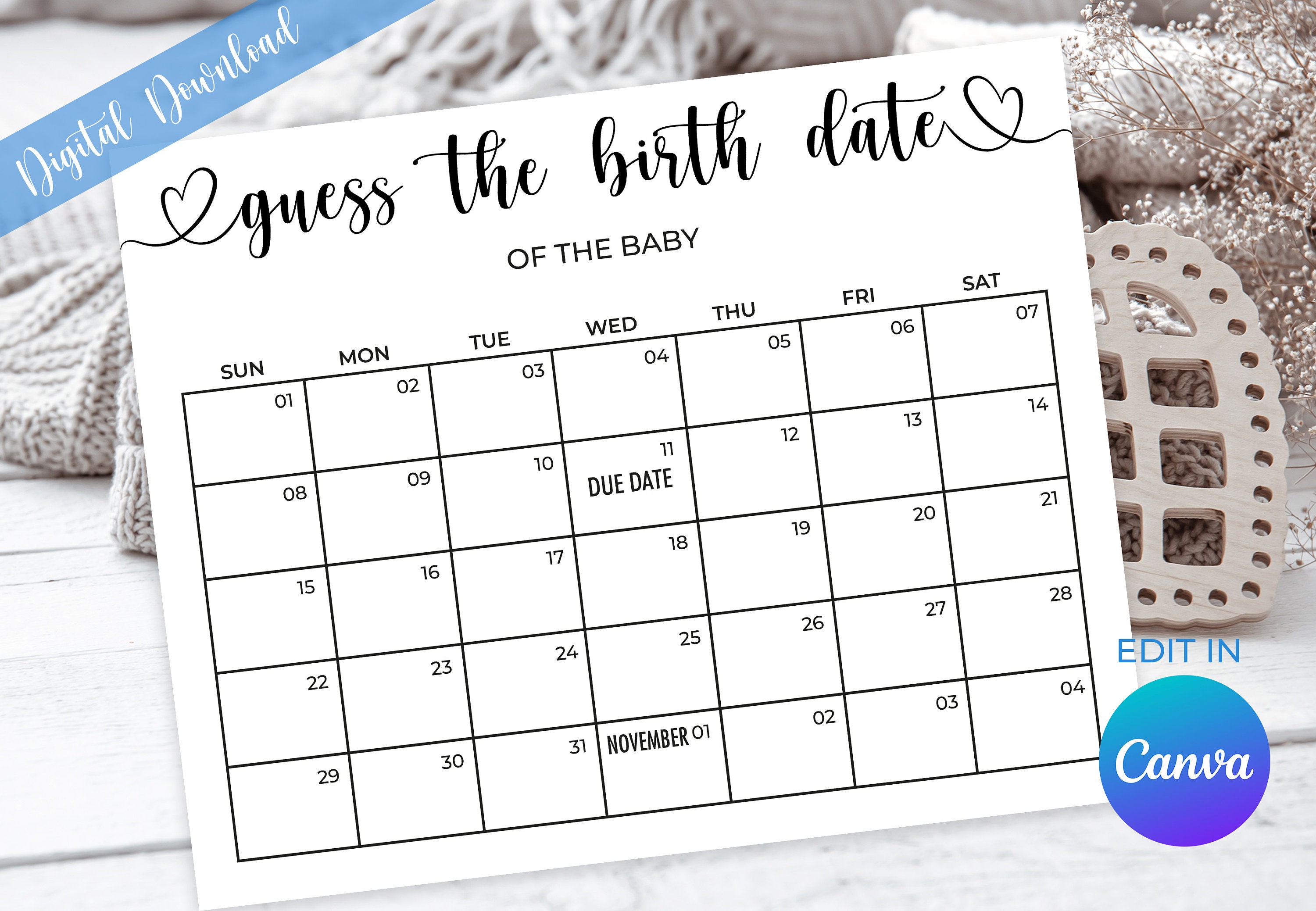 Minimalist Baby Due Date, Editable Guess the Birth Date of the Baby ...