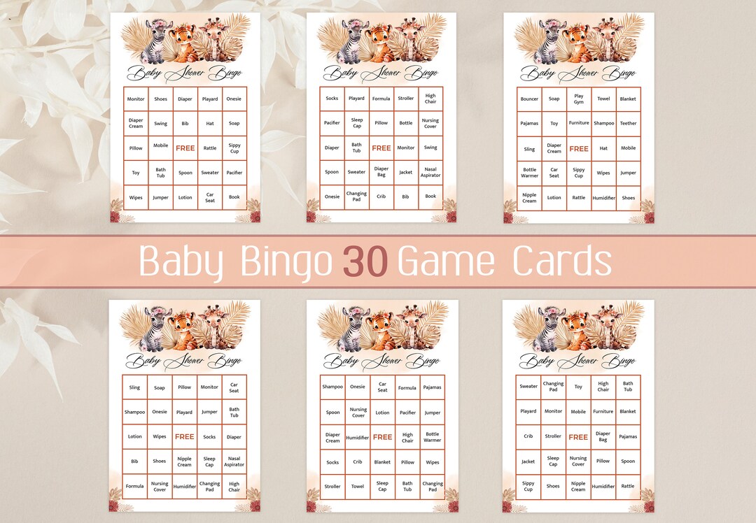 Baby Bingo Cards, Boho Animal Safari Baby Shower Bingo Set,30 Pre ...