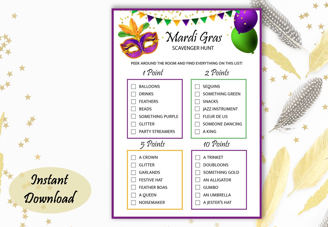 Scavenger Hunt, Mardi Gras Game, Party Games and Activities, Mardi Gras ...