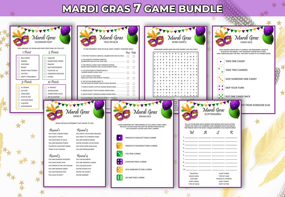 7 Mardi Gras Game Bundle, Party Games and Activities, Mardi Gras Party ...
