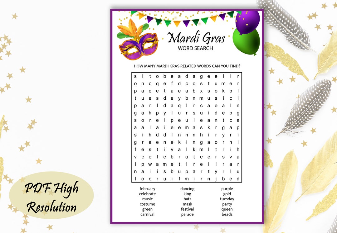 Mardi Gras Word Search Game, Printable Mardi Gras Game Bundle Party ...