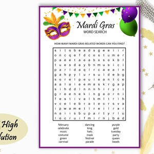 Mardi Gras Word Search Game, Printable Mardi Gras Game Bundle Party ...