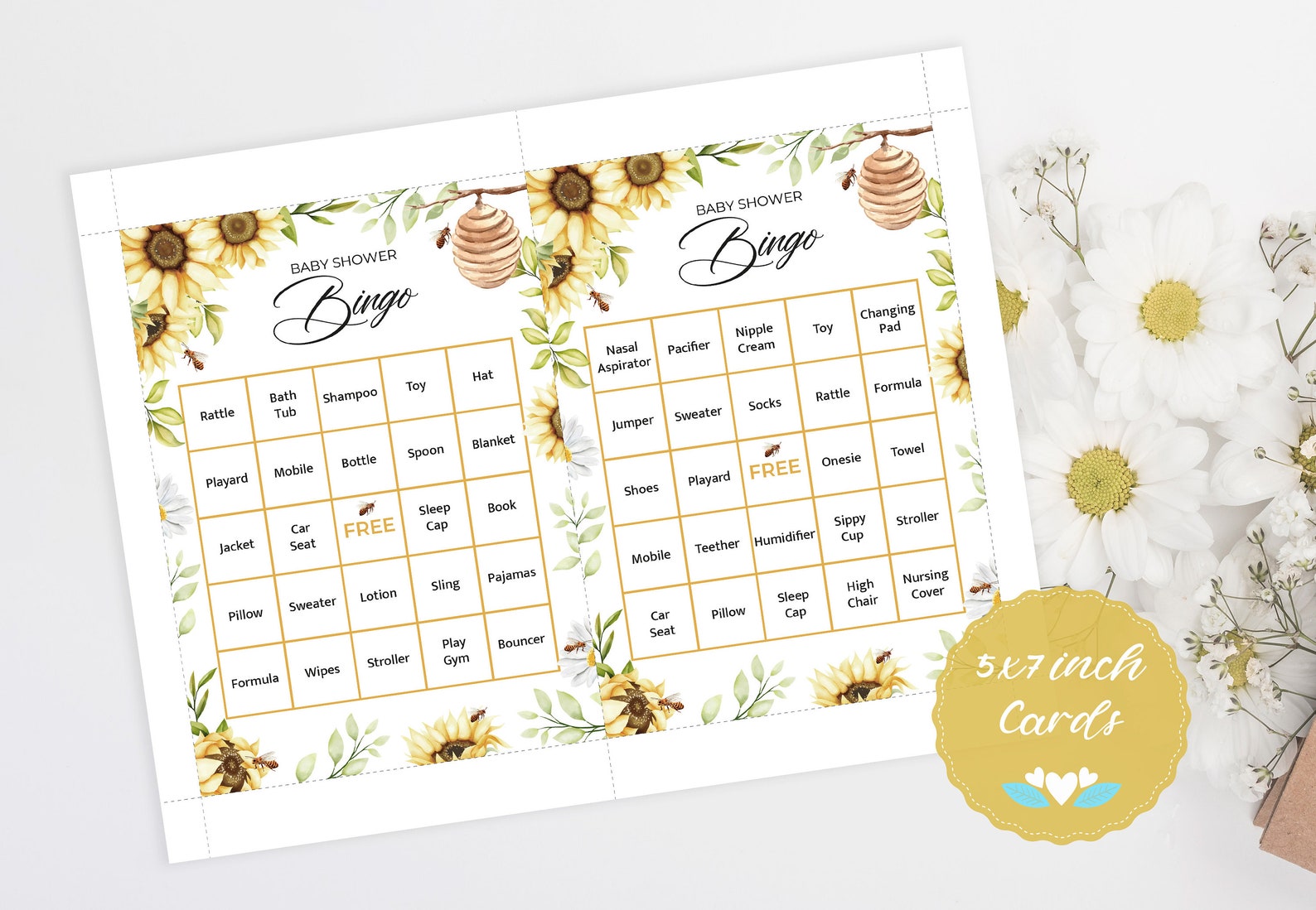Baby Bingo Cards, Busy Bee Honey and Flower Baby Shower Bingo Set, 30 ...