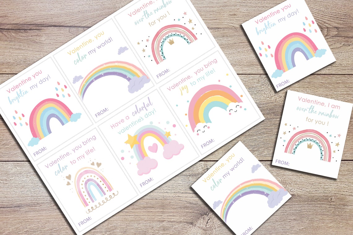 Printable Rainbow Valentine Cards, Rainbow Valentines Day Cards, Kids ...