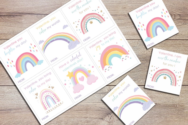Printable Rainbow Valentine Cards, Rainbow Valentines Day Cards, Kids ...