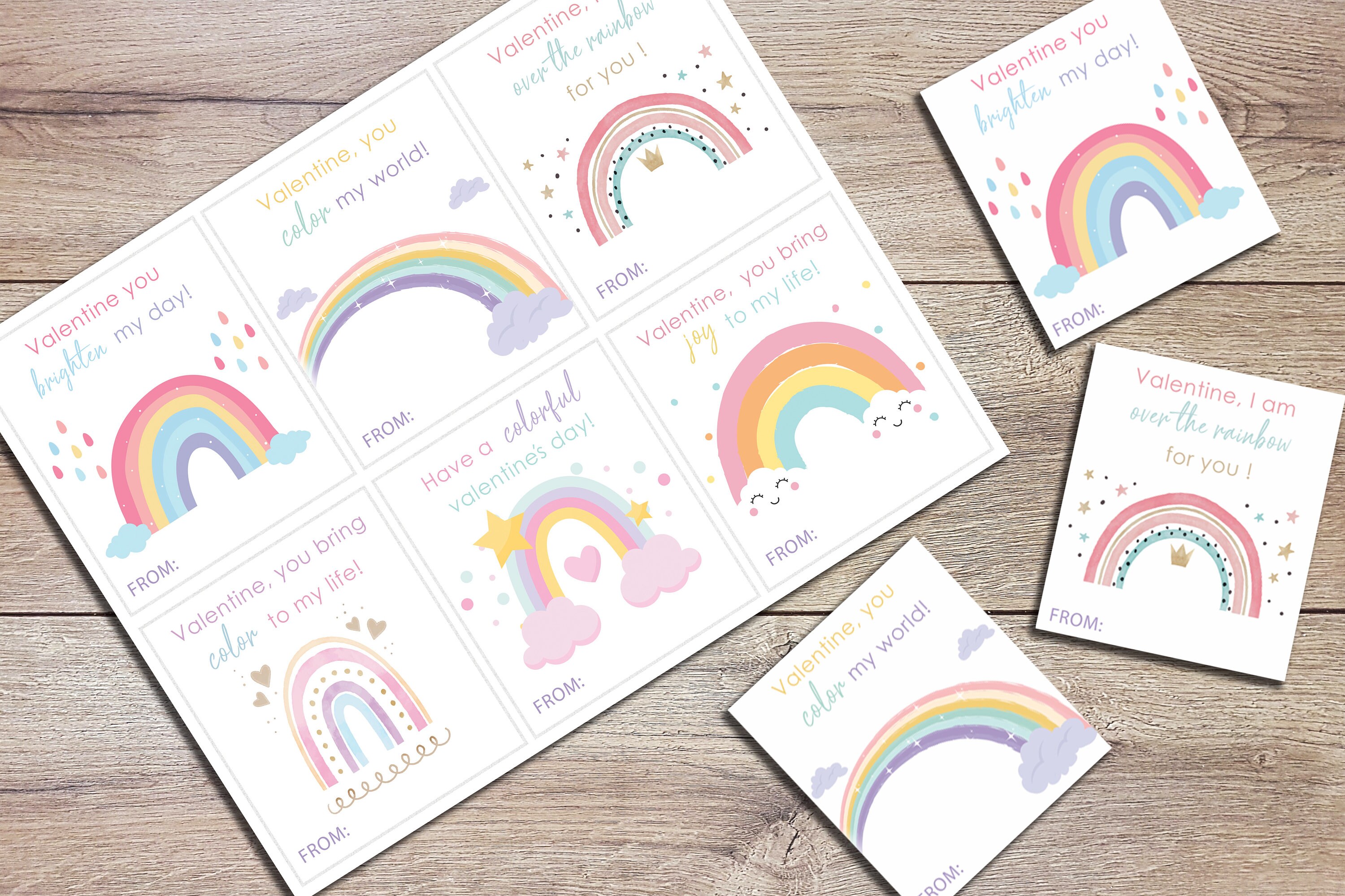 Printable Rainbow Valentine Cards, Rainbow Valentines Day Cards, Kids ...