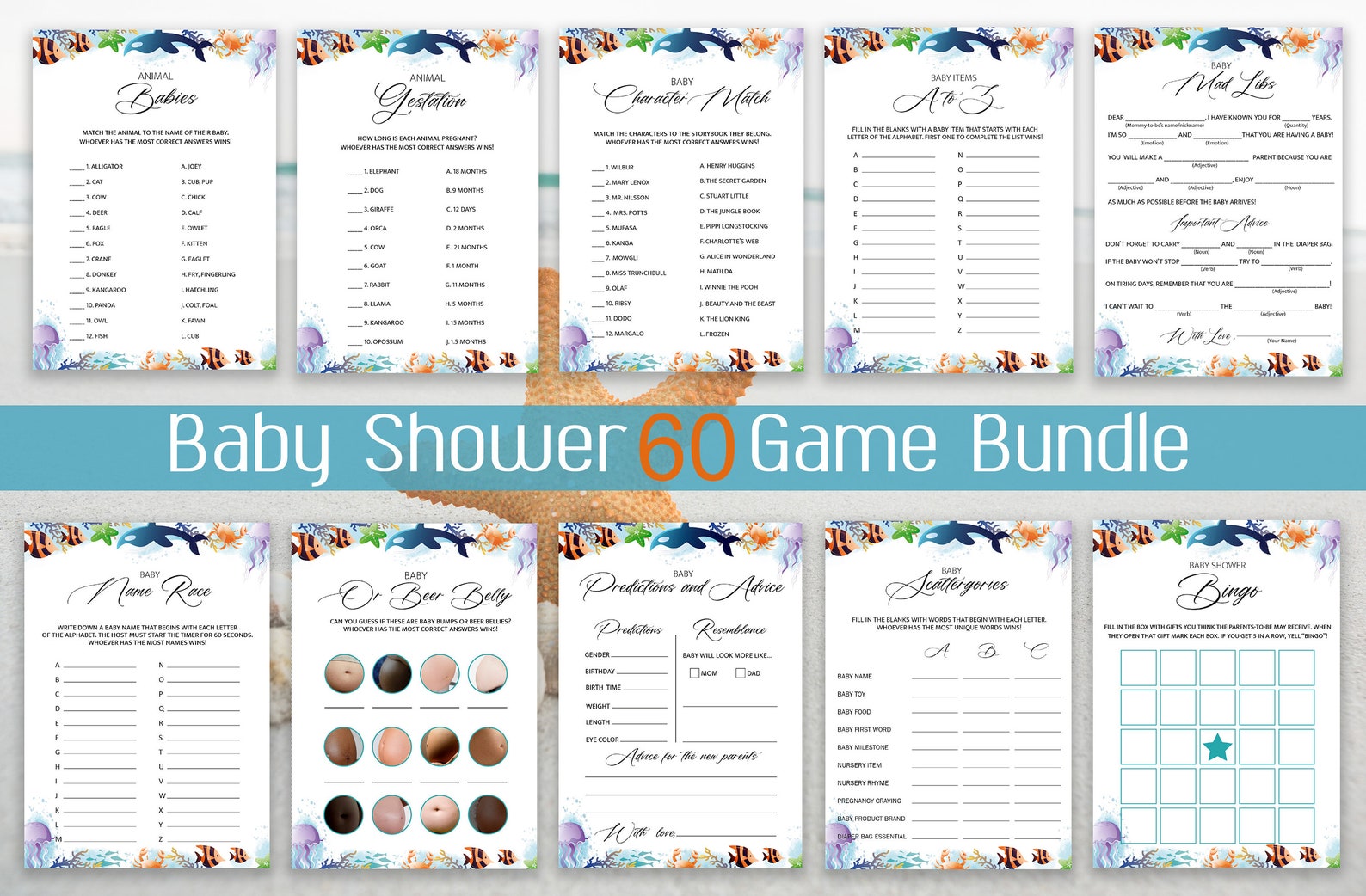 Under the Sea Baby Shower Games, Ocean Baby Shower Games Bundle, Modern ...