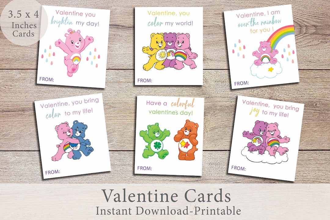 Printable Bear Valentine Cards, Care Bear Valentines Day Cards, Kids ...