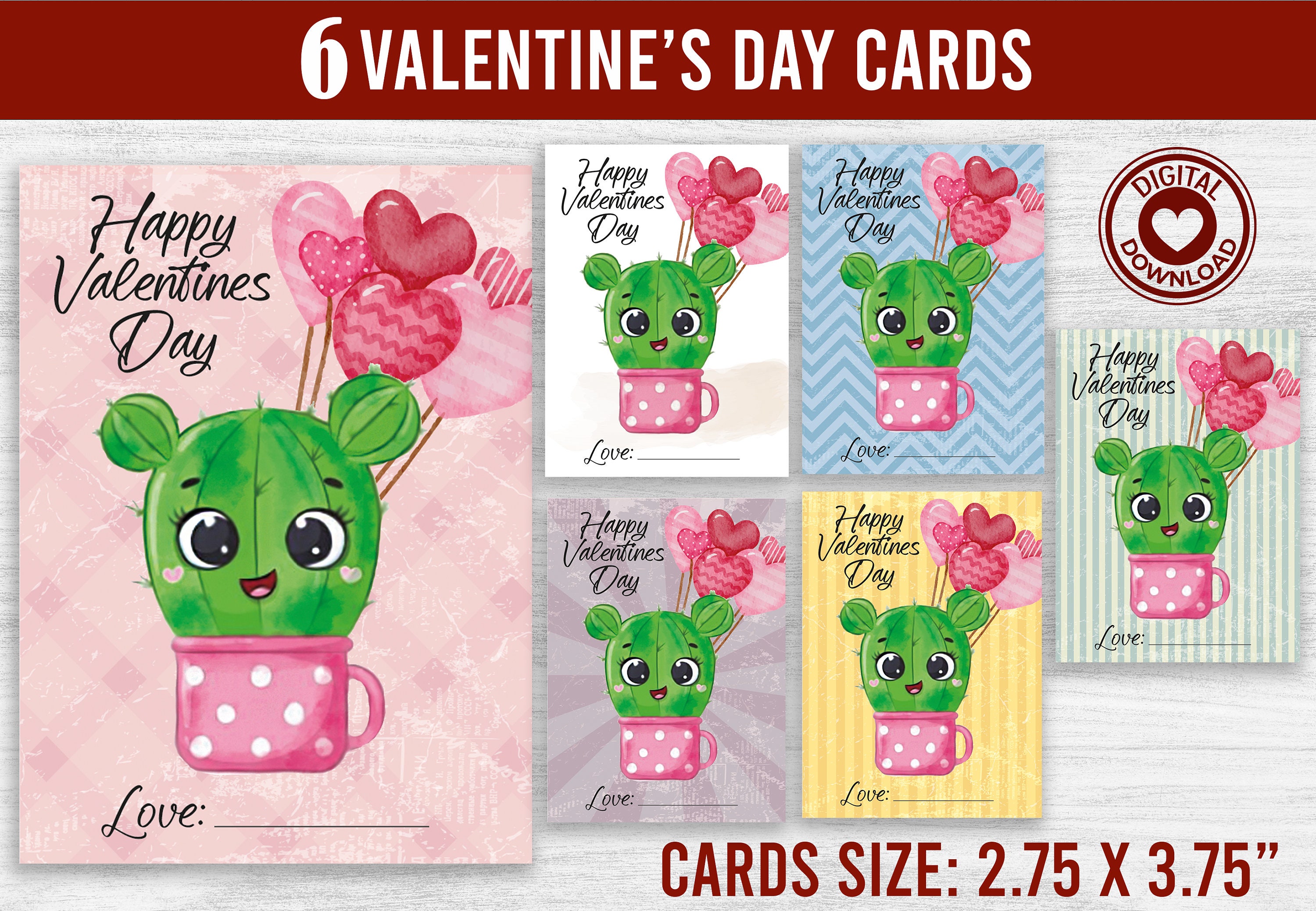Printable Cactus Valentine Cards, Valentines Day Cards, Kids Valentine ...