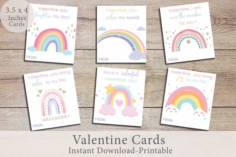 Printable Rainbow Valentine Cards, Rainbow Valentines Day Cards, Kids ...