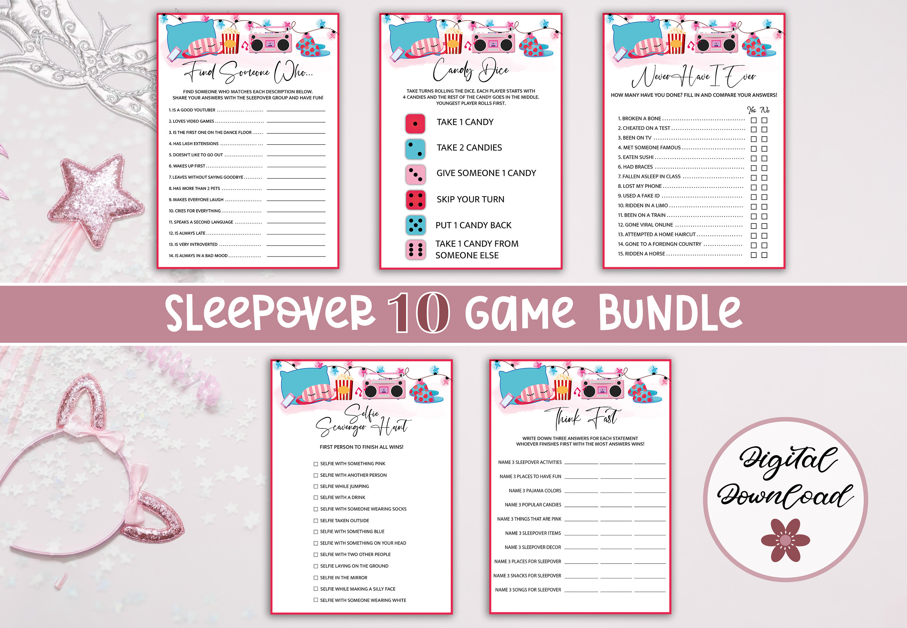 10 Sleepover Games Bundle, Sleepover Party Games, Slumber Party Games ...