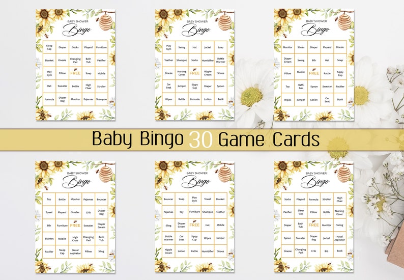 Baby Bingo Cards, Busy Bee Honey and Flower Baby Shower Bingo Set, 30 ...