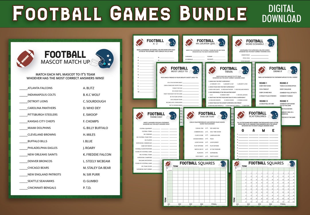 12 Football Games Bundle, Printable, Numbered Squares, Football Grid ...