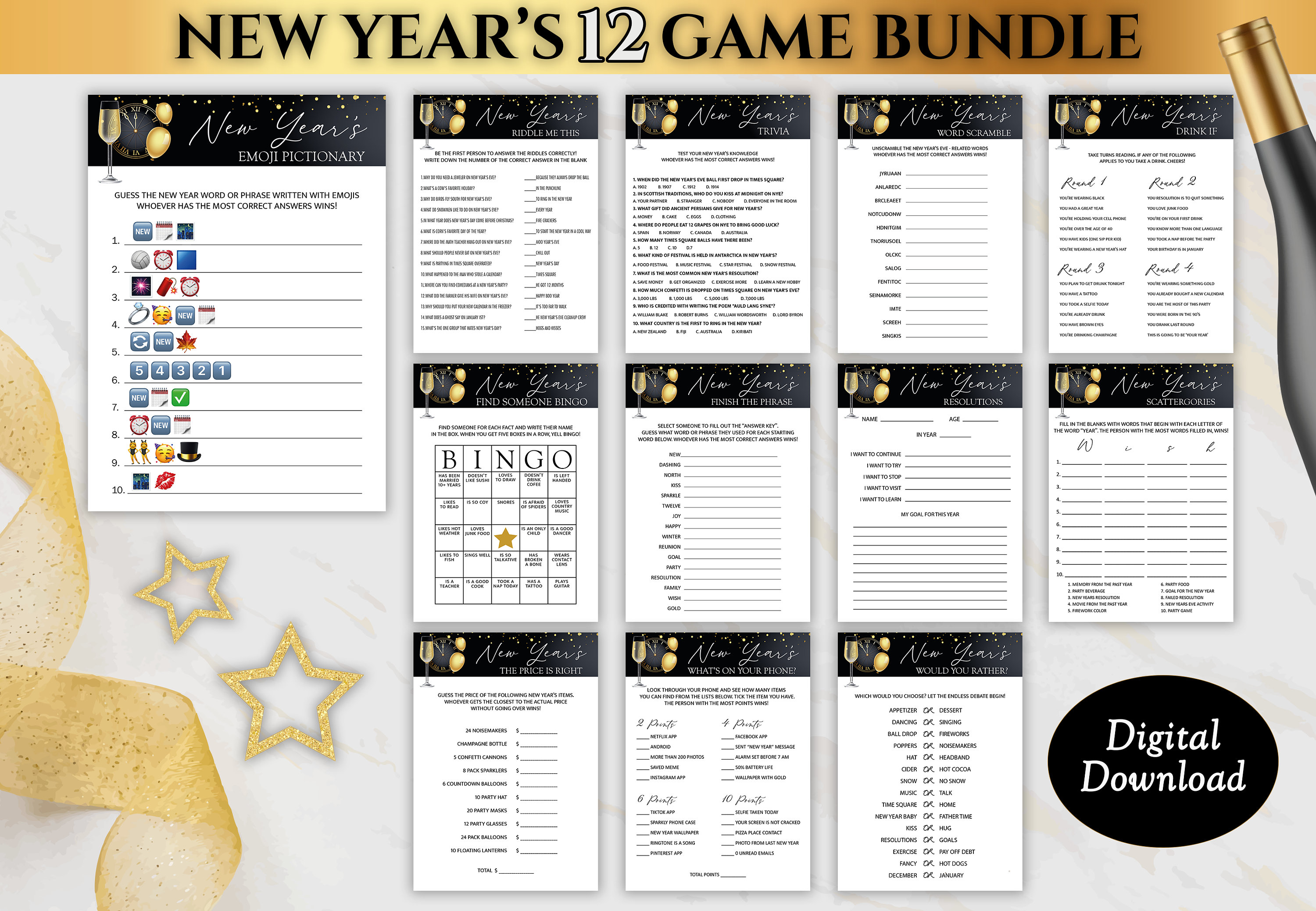 12 New Years Game Bundle Family GAMES Holiday Games New - Etsy