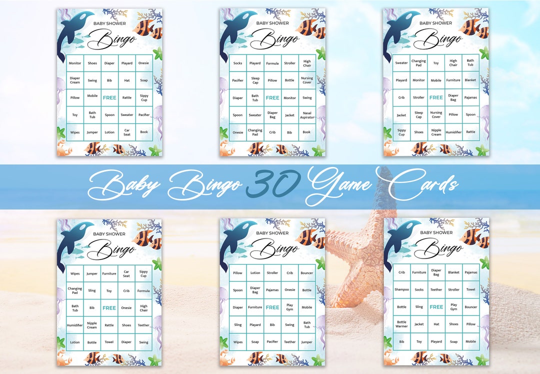 Baby Bingo Cards, Under the Sea Baby Shower Bingo Set, 30 Pre-filled ...