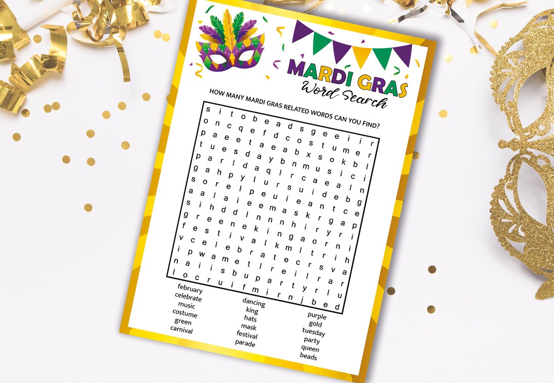 Mardi Gras Word Search Game, Printable Mardi Gras Game Bundle Party ...