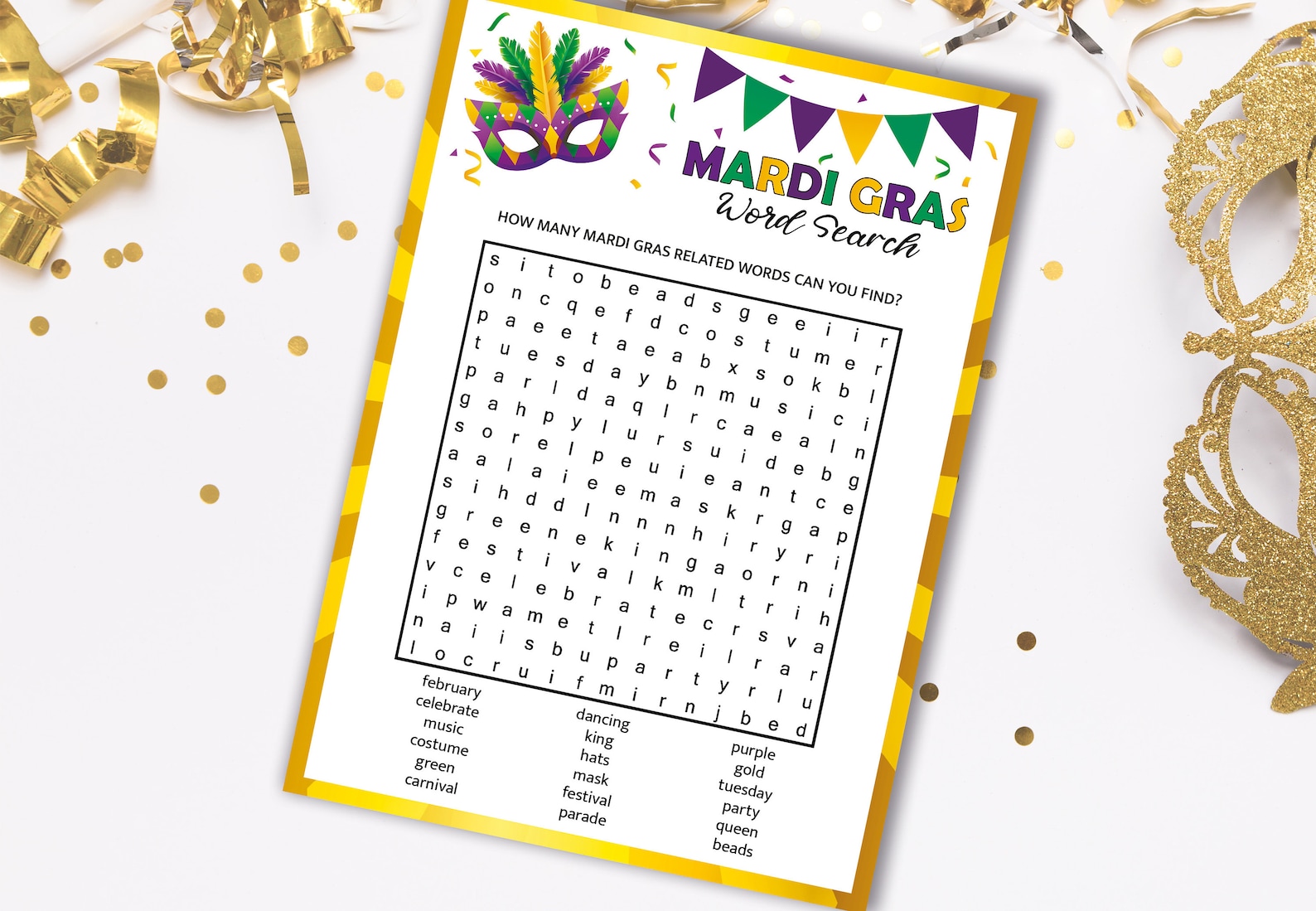 Mardi Gras Word Search Game, Printable Mardi Gras Game Bundle Party ...