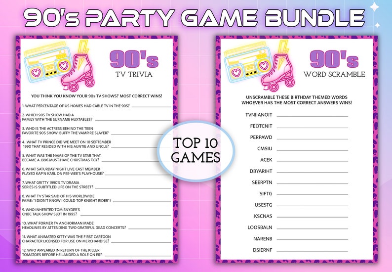 90s Party Games Bundle, 90s Party, 1990 Trivia, 1990s Activities, - Etsy