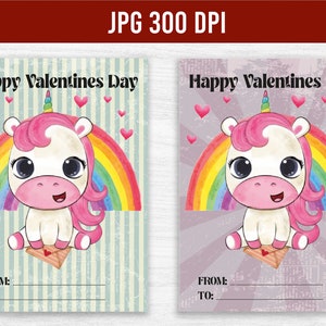 Printable Unicorn Valentine Cards, Valentines Day Cards, Kids Rainbow ...