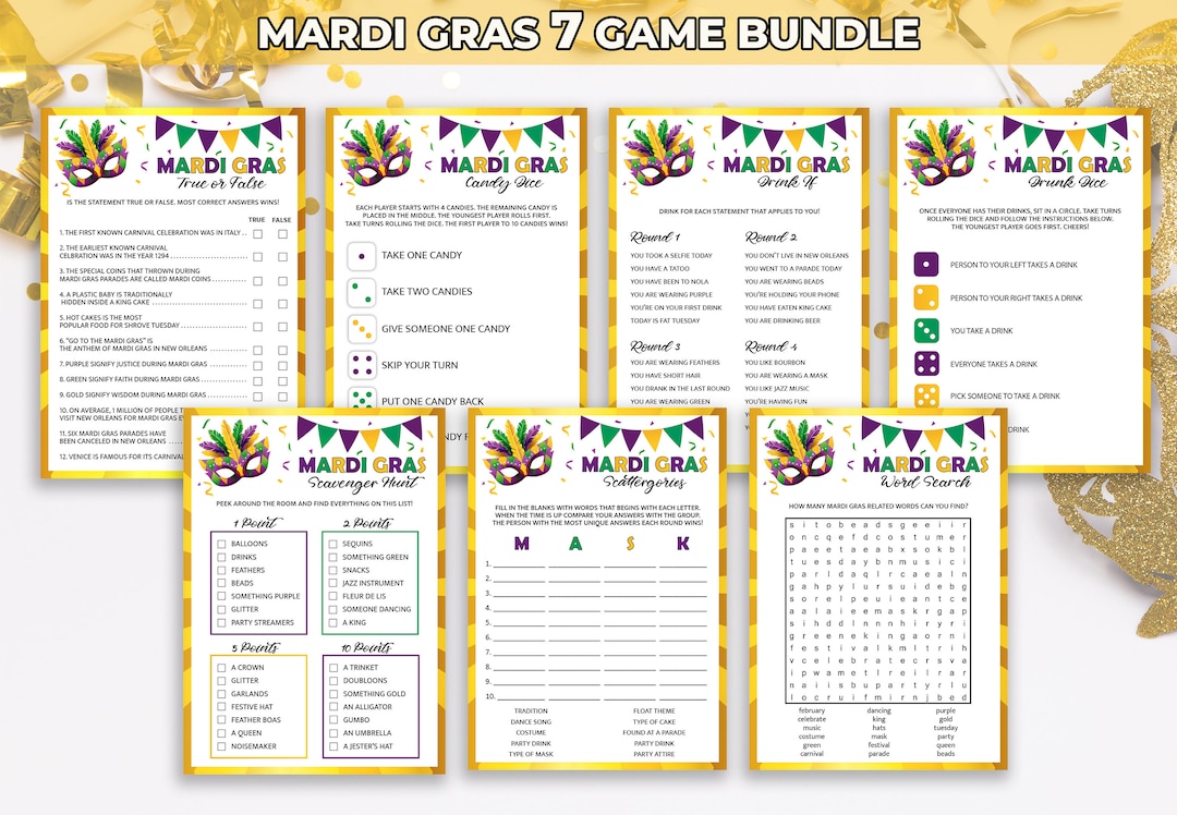 7 Printable Mardi Gras, Game Bundle Party Games and Activities, Mardi ...