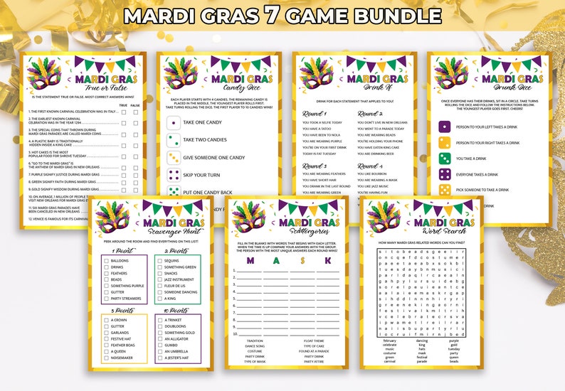 7 Printable Mardi Gras, Game Bundle Party Games and Activities, Mardi ...