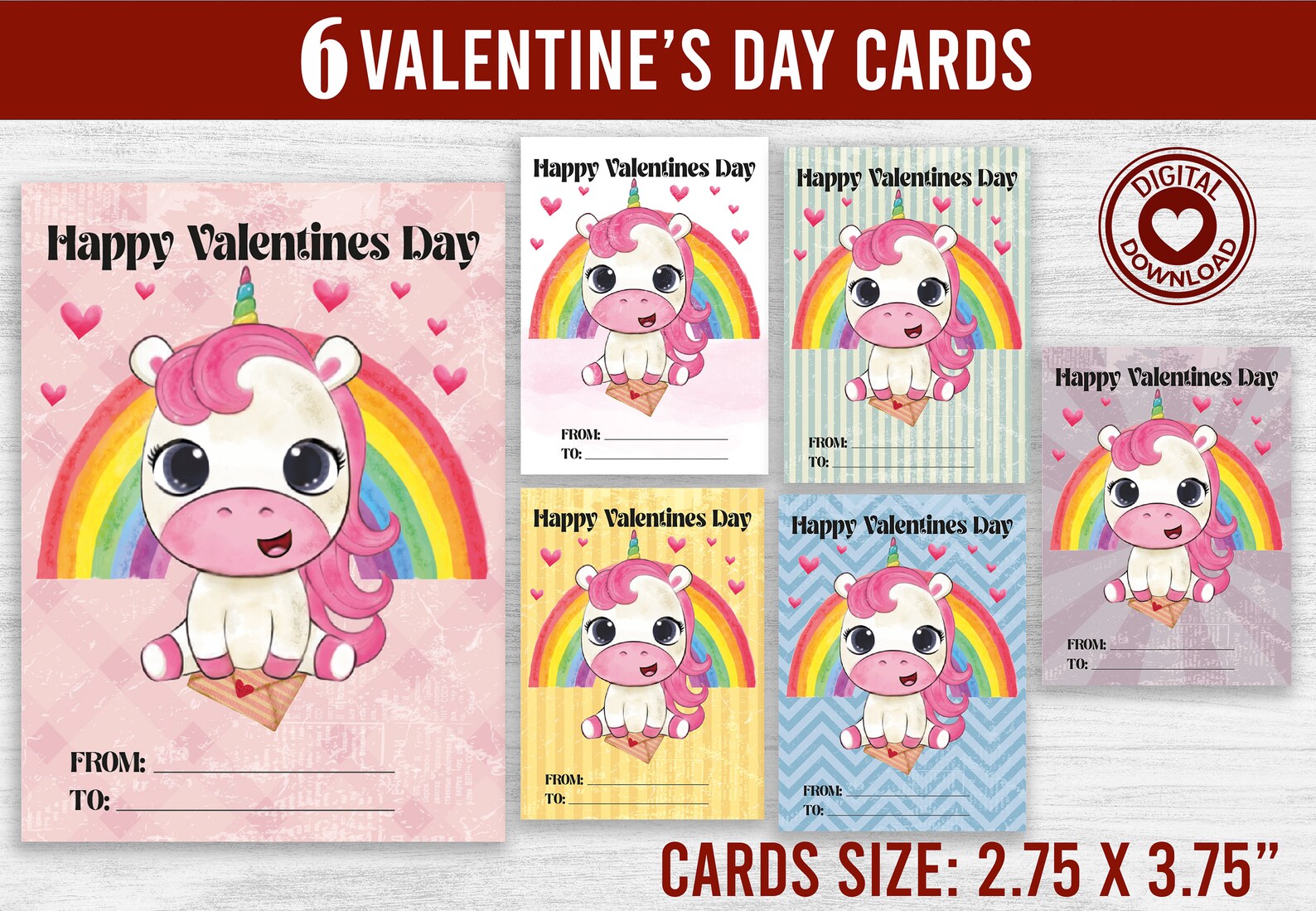 Printable Unicorn Valentine Cards, Valentines Day Cards, Kids Rainbow ...