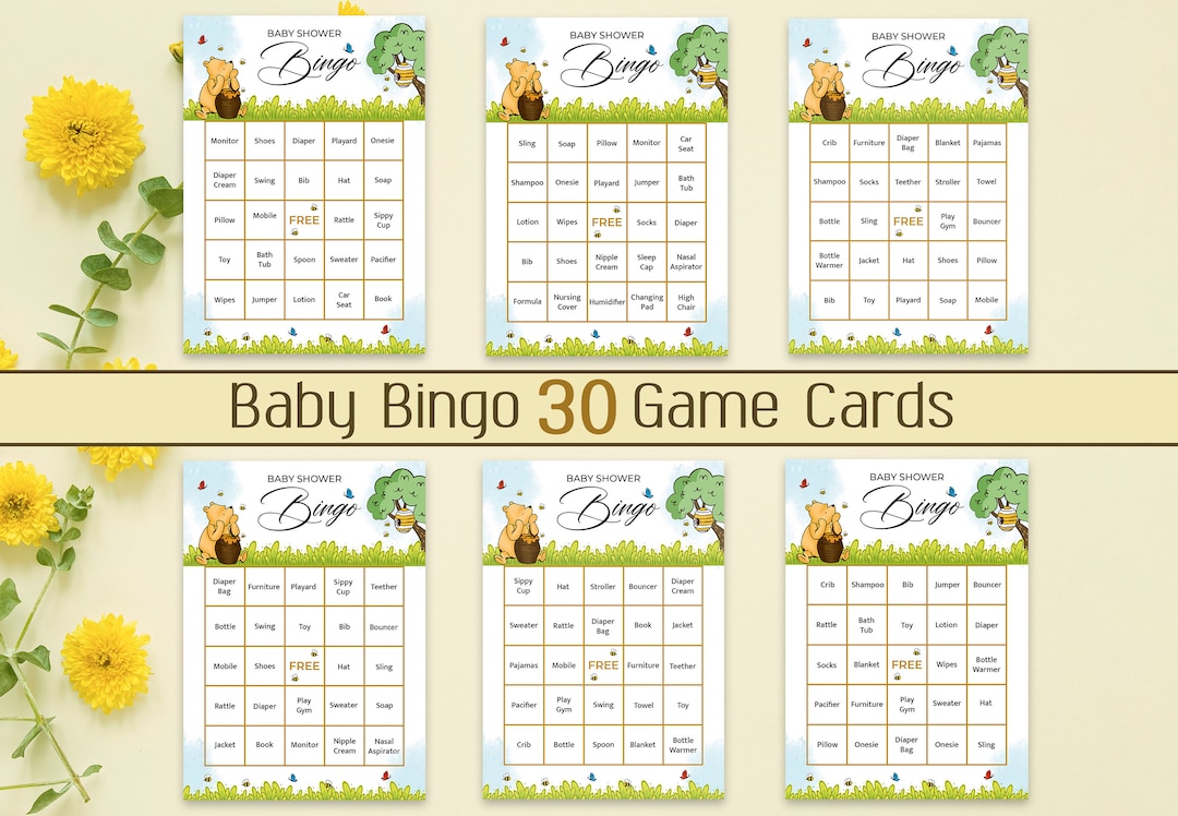 Baby Bingo Cards, Honey Loving Bear Baby Shower Bingo Set, 30 Pre ...