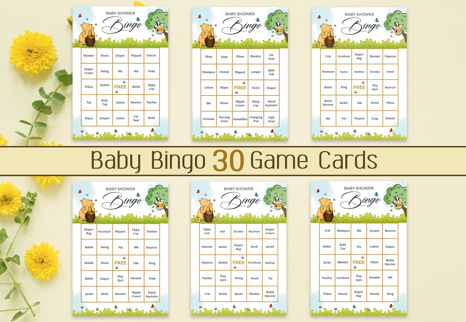 Baby Bingo Cards, Honey Loving Bear Baby Shower Bingo Set, 30 Pre ...