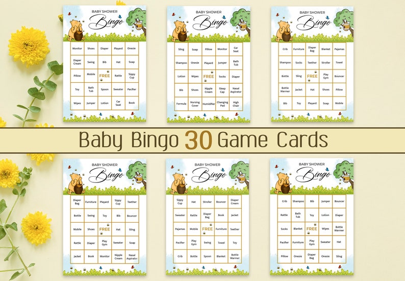 Baby Bingo Cards, Honey Loving Bear Baby Shower Bingo Set, 30 Pre ...