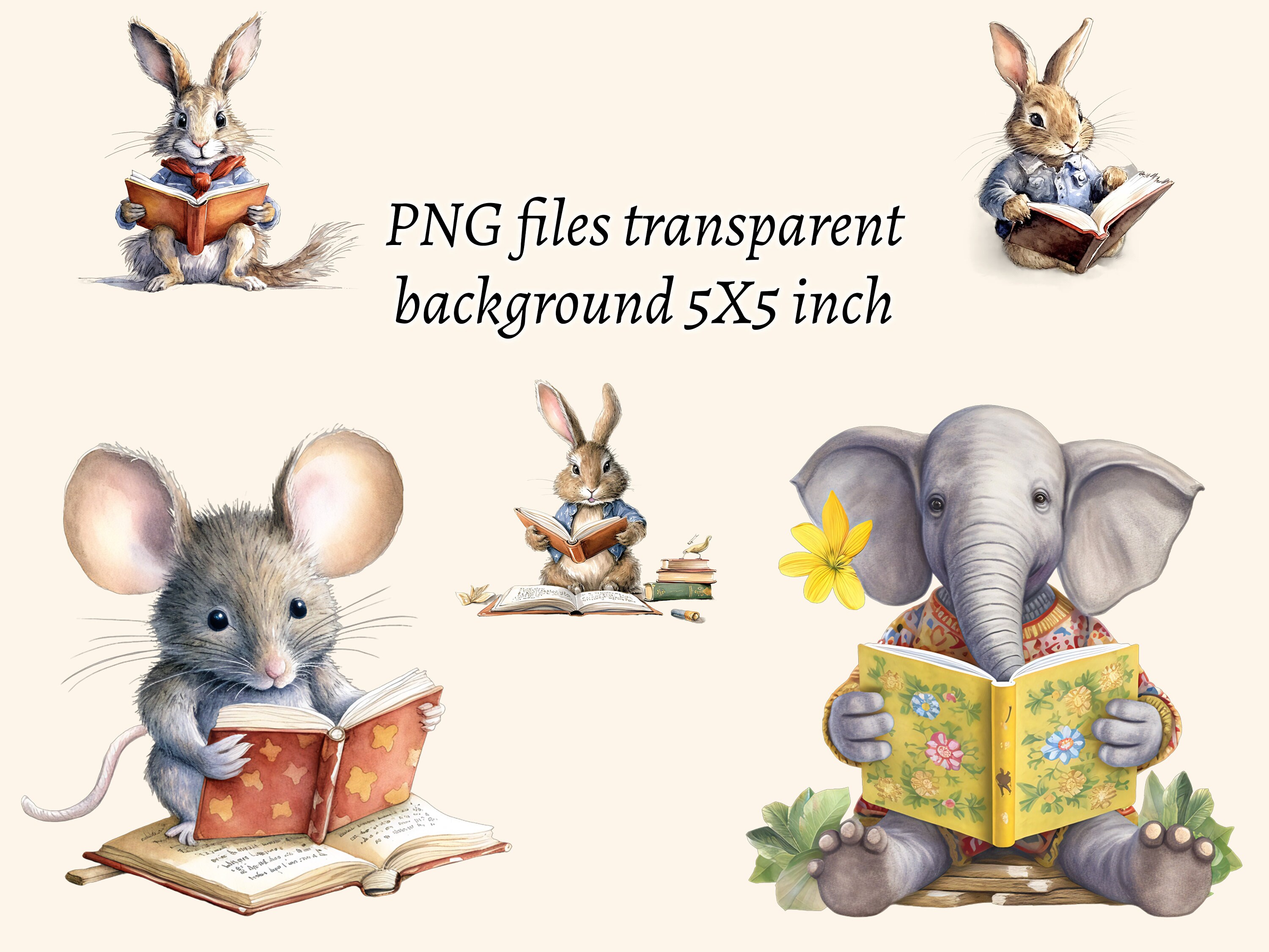 Cute Clipart. Cute Animals Reading Png Childrens Clipart. - Etsy