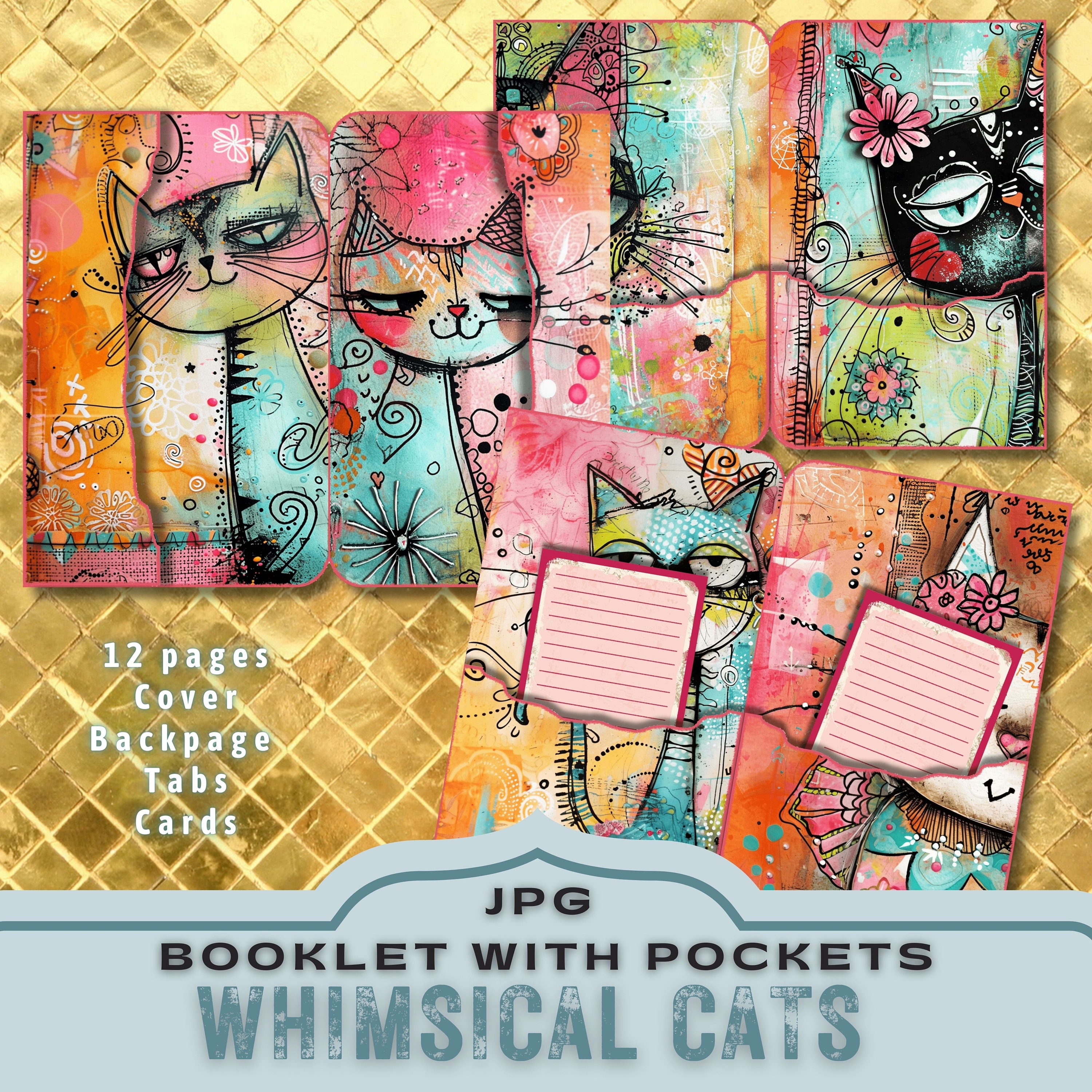 Whimsical Cats, Cute Cats Printable Booklet With Pockets, Print and Cut ...