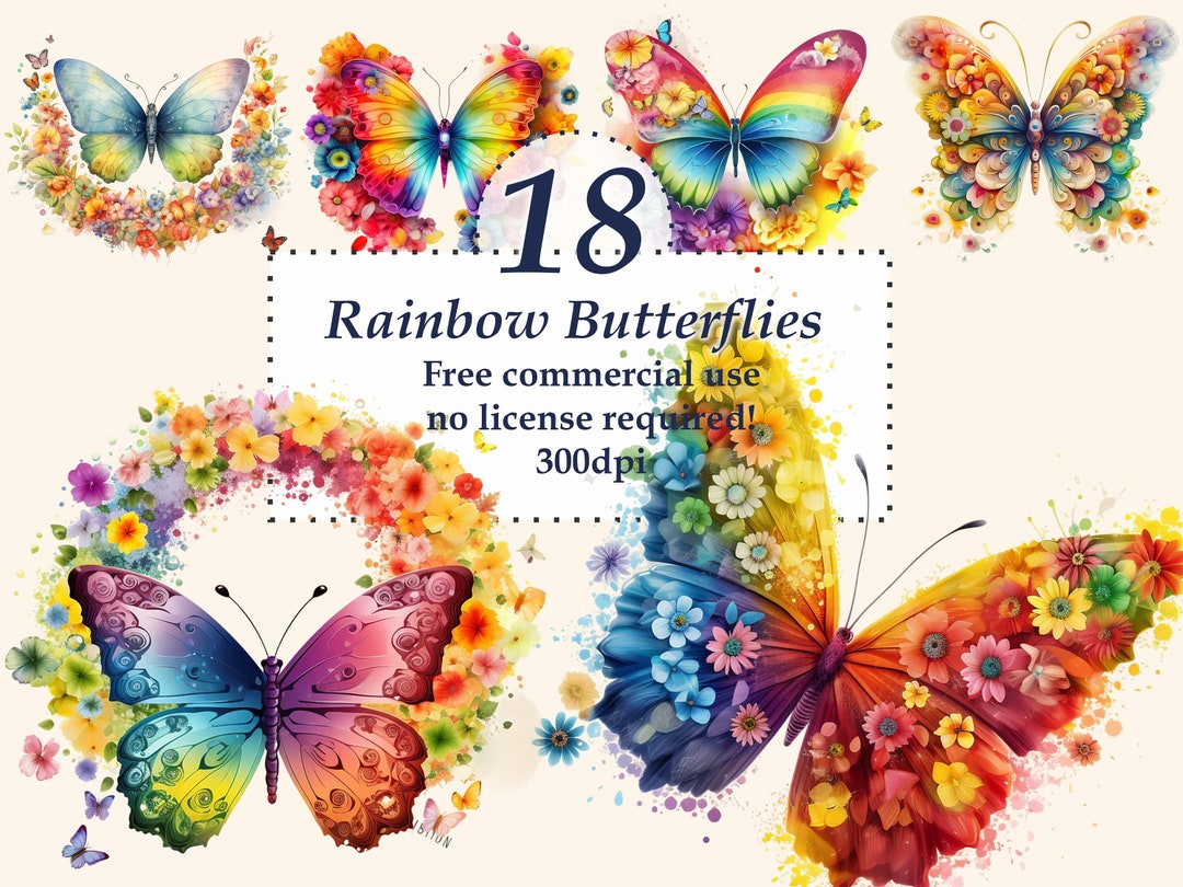 Butterfly Clip Art. Rainbow Flowers Digital Watercolor. Sublimation ...