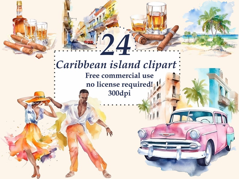 24 Scenes of the Caribbean Clip Art. Watercolor Png Bundle, Free ...
