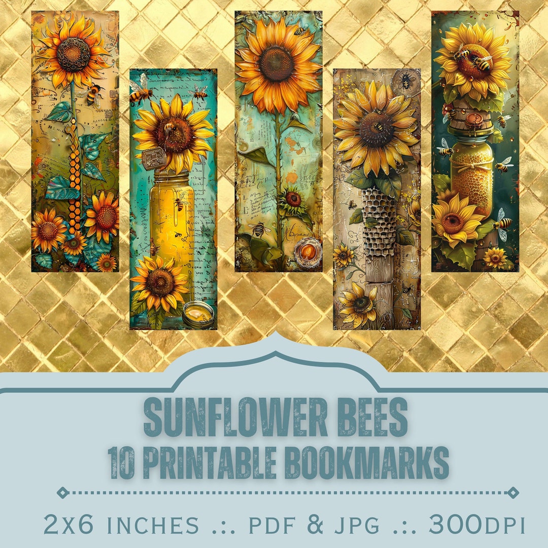 Sunflower and Bees Printable Bookmarks. Honey Bees. Printable PDF and ...
