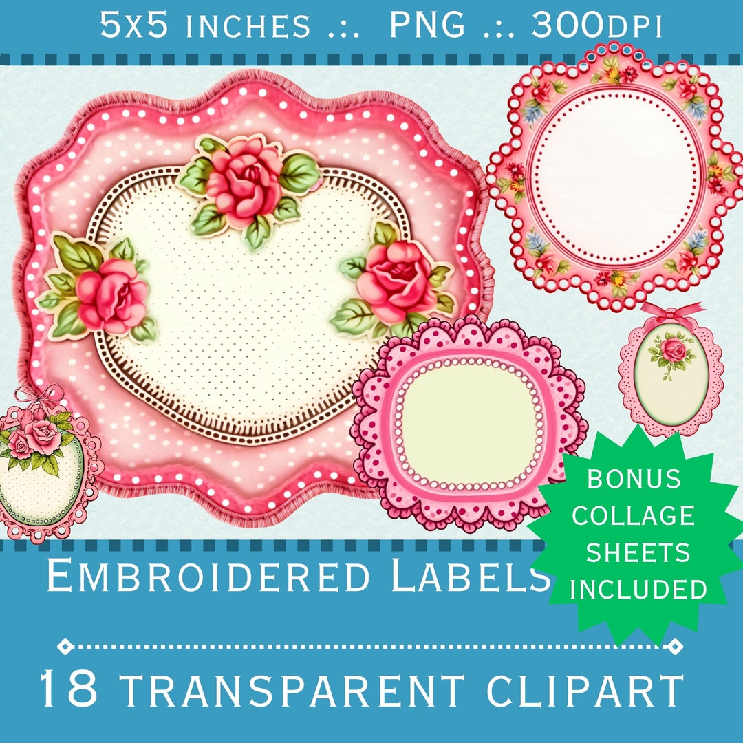 Embroidered Labels Clipart: Floral Planner Stickers (PNG, PDF) - Etsy