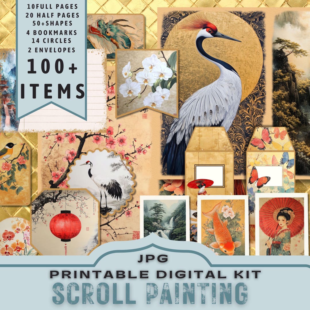 Vintage Scroll Painting Digital Kit, Cardmaking, Journal Kit Printable ...