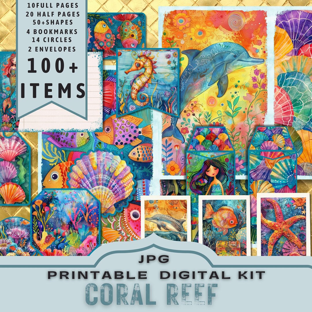 Coral Reef Digital Kit: Mermaid, Fish, Sea Turtle (30 JPG Pages) - Etsy