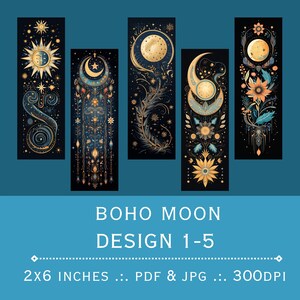 Boho Moon Printable Bookmarks. Printable PDF and JPEG Files. 300dpi ...