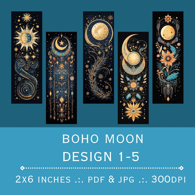 Boho Moon Printable Bookmarks. Printable PDF and JPEG Files. 300dpi ...