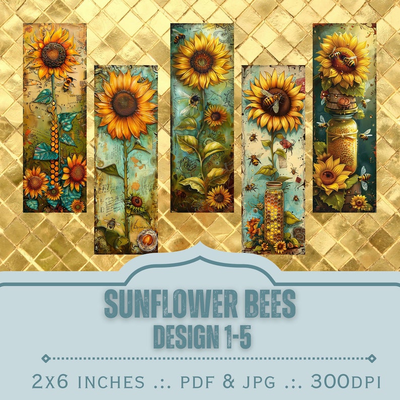 Sunflower and Bees Printable Bookmarks: Floral Bookmark Set (PDF & JPEG ...