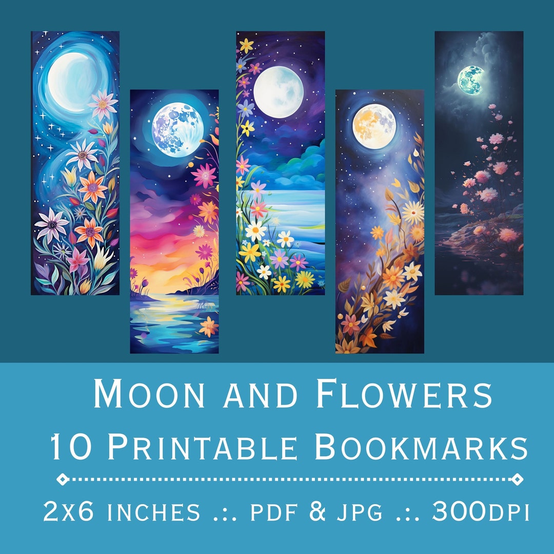 Moon and Flowers Printable Bookmarks: Celestial Art (PDF & JPEG) - Etsy
