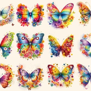 Butterfly Clip Art. Rainbow Flowers Digital Watercolor. Sublimation ...