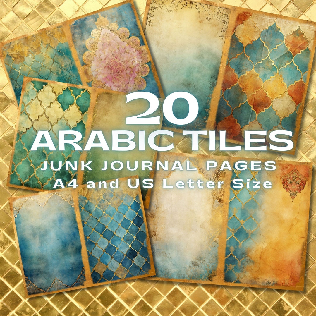 Arabic Tiles Arabian Pattern, Gold, Premade Junk Journal Printable Half ...