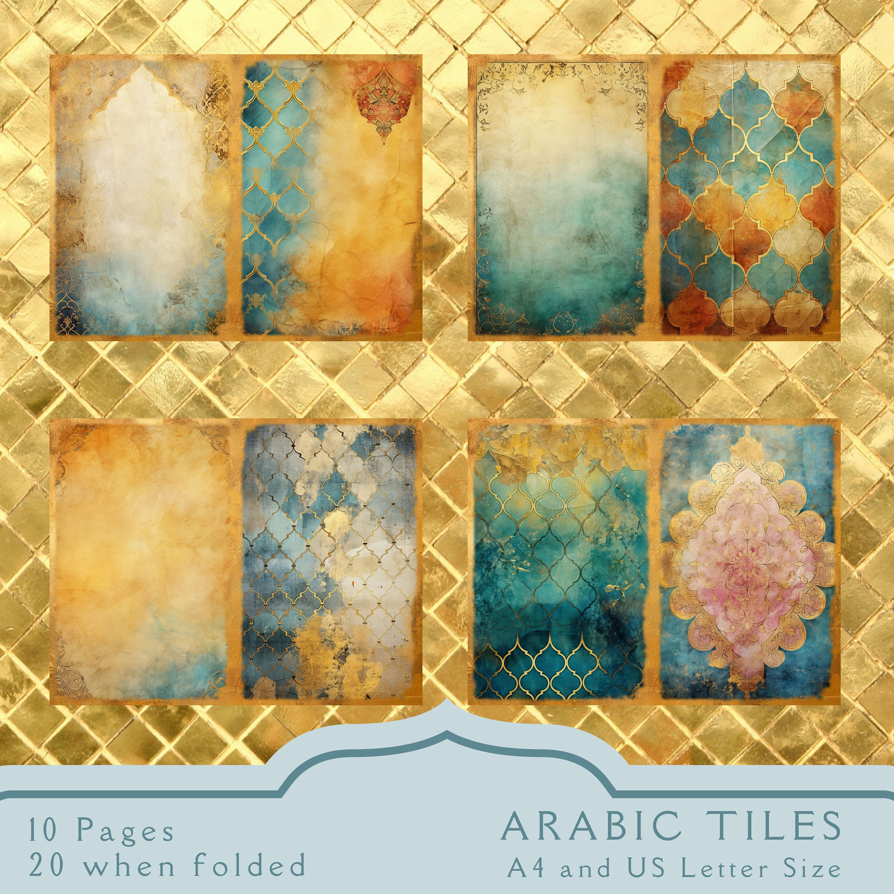 Arabic Tiles Arabian Pattern, Gold, Premade Junk Journal Printable Half ...