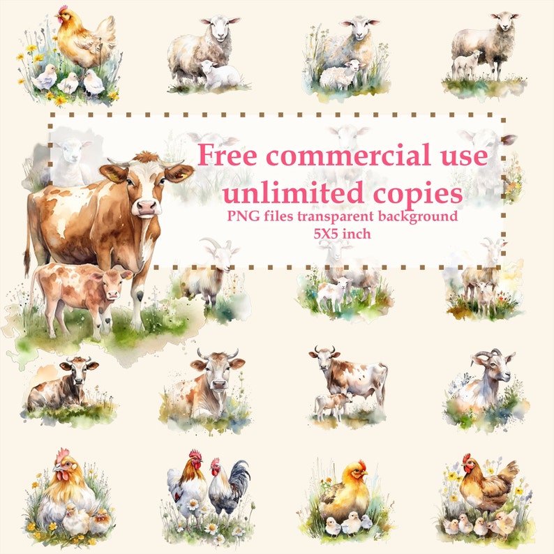 20 Farm Animals Clip Art. Digital Watercolor. 300 Dpi Sublimation ...