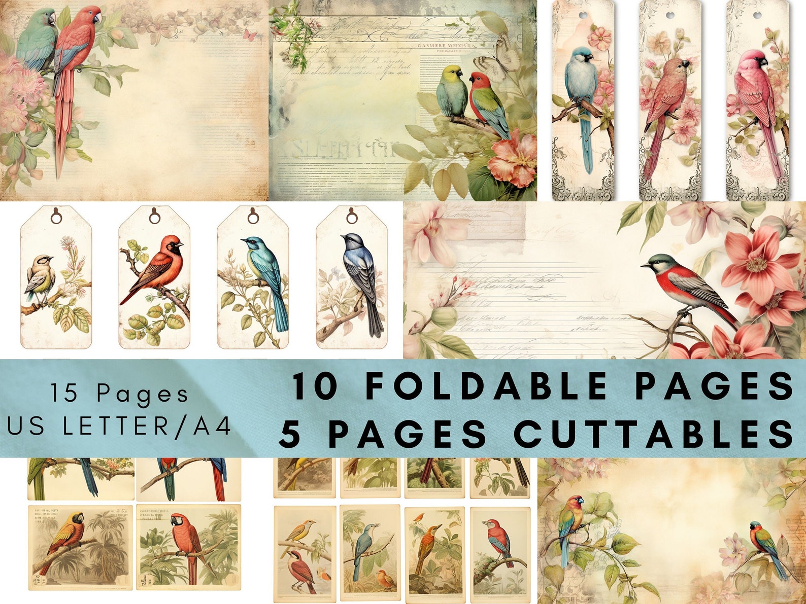 Vintage Birds Junk Journal Kit, Printable Pages, Scrapbooking Pages, 10 ...