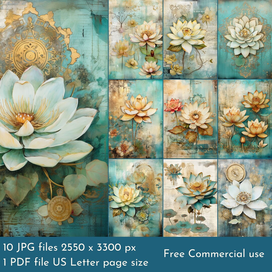 Lotus Junk Journal Pages. Turquoise and Gold. PDF and Printable JPEG ...